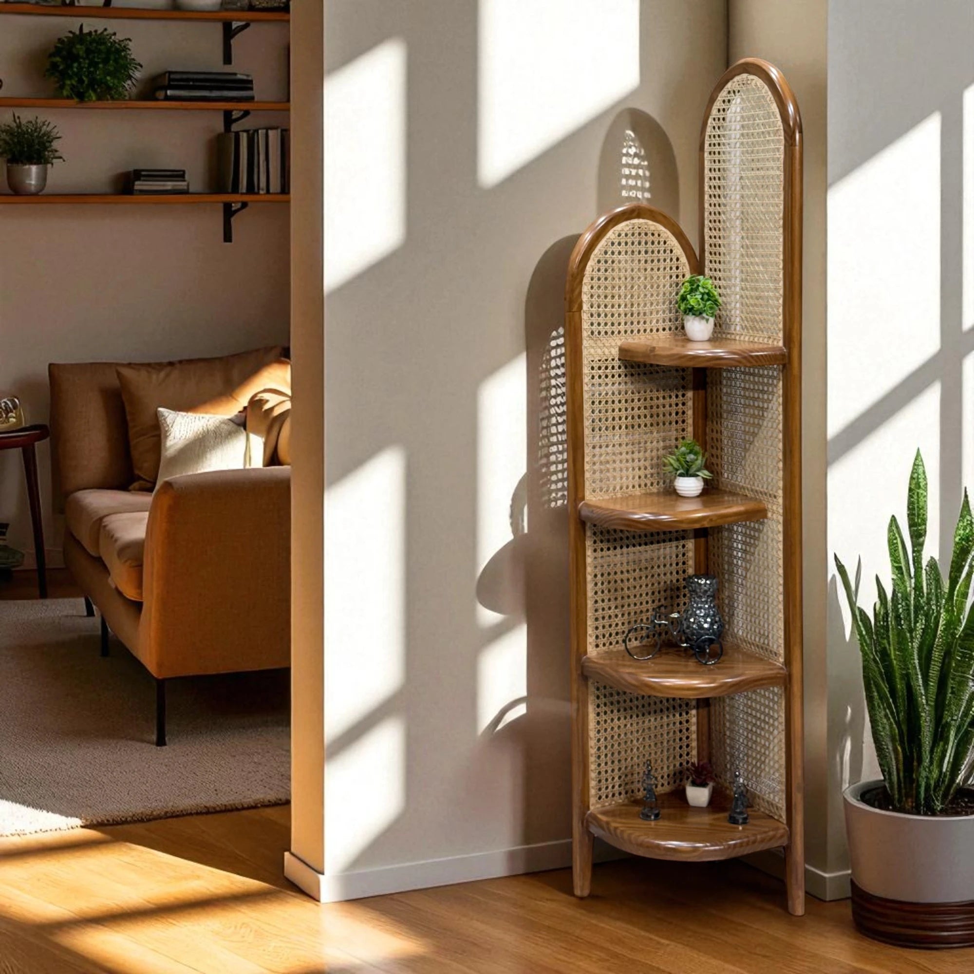 Nismaaya Jaron Solid Mango Wood & Rattan Bookcase – Nismaaya Decor