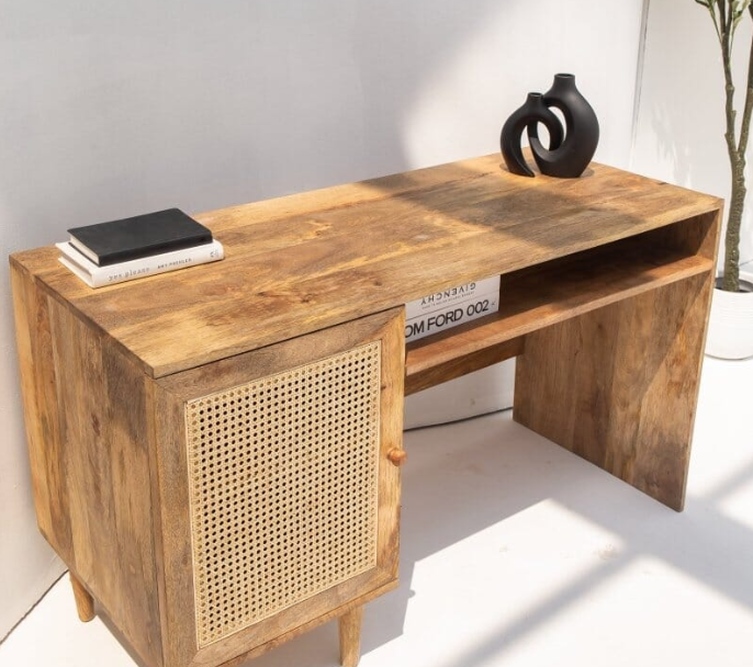 Broden Mango Wood & Rattan Study Table – Nismaaya Decor