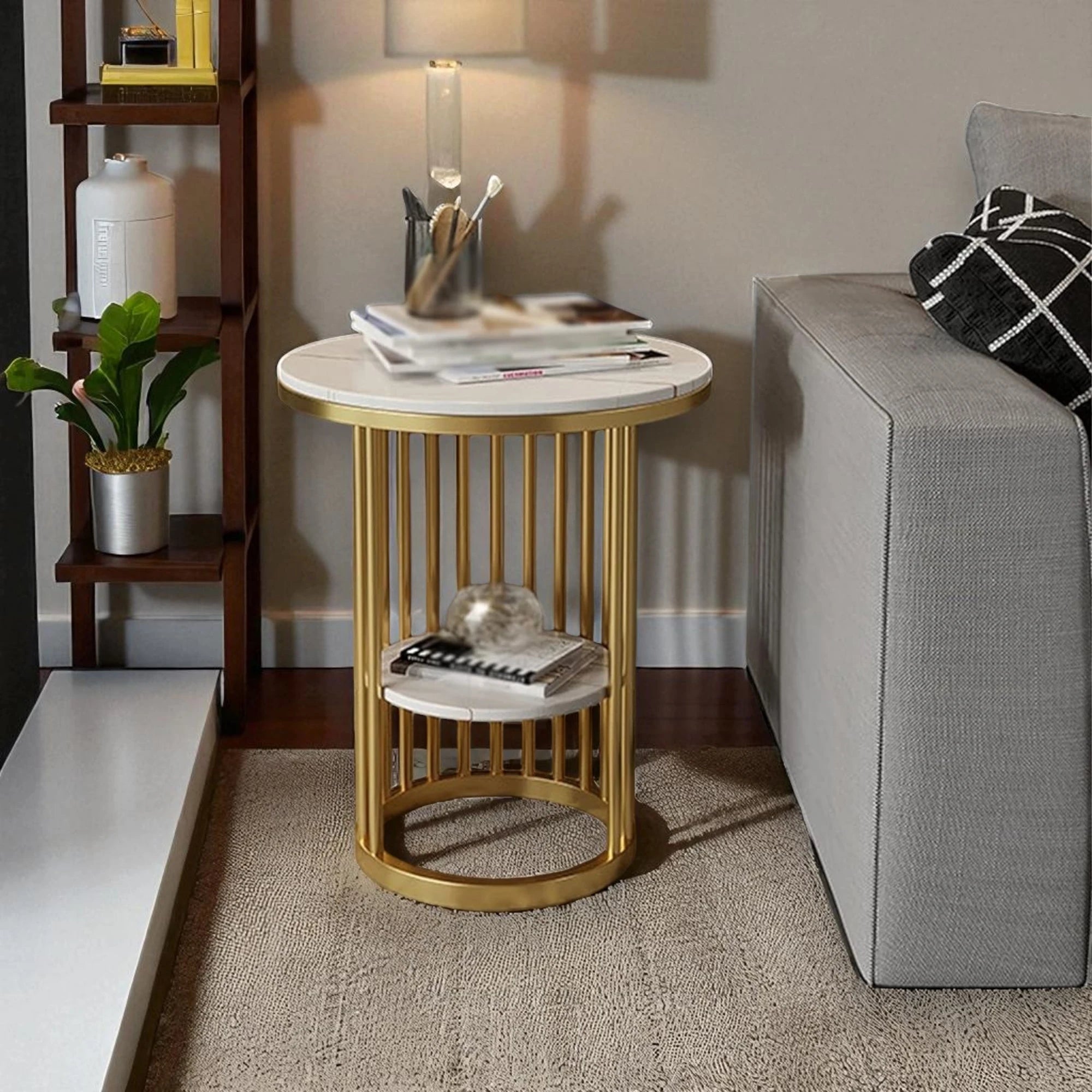Shop Modern Accent Sofa Side Table in Round Shape With 2 Tiers Shelf In ...