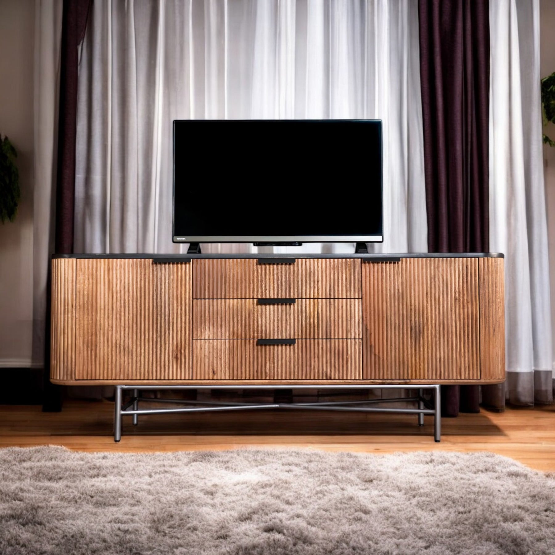 Shop Portofino Mango Wood TV Unit with Black Mosaic Top Silver Legs and ...