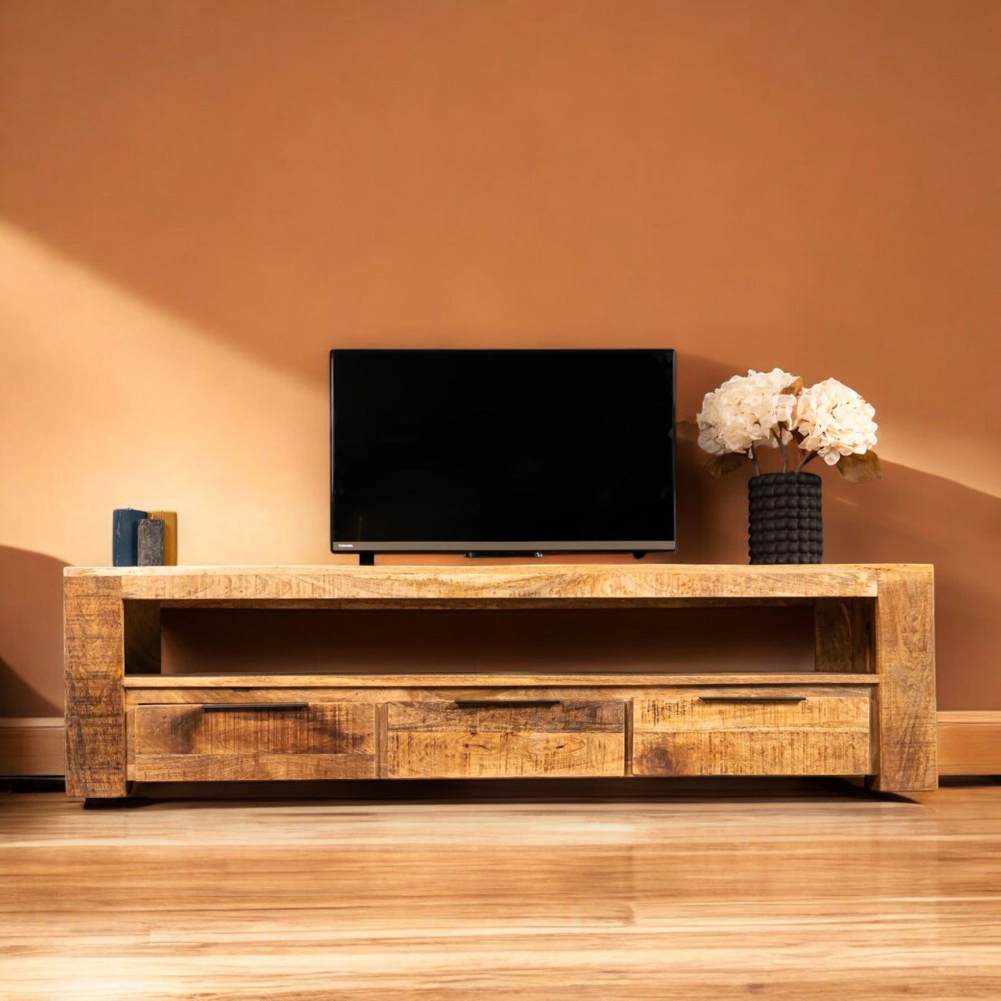 Woodland solid mango wood TV board unit with 3 drawers natural ...