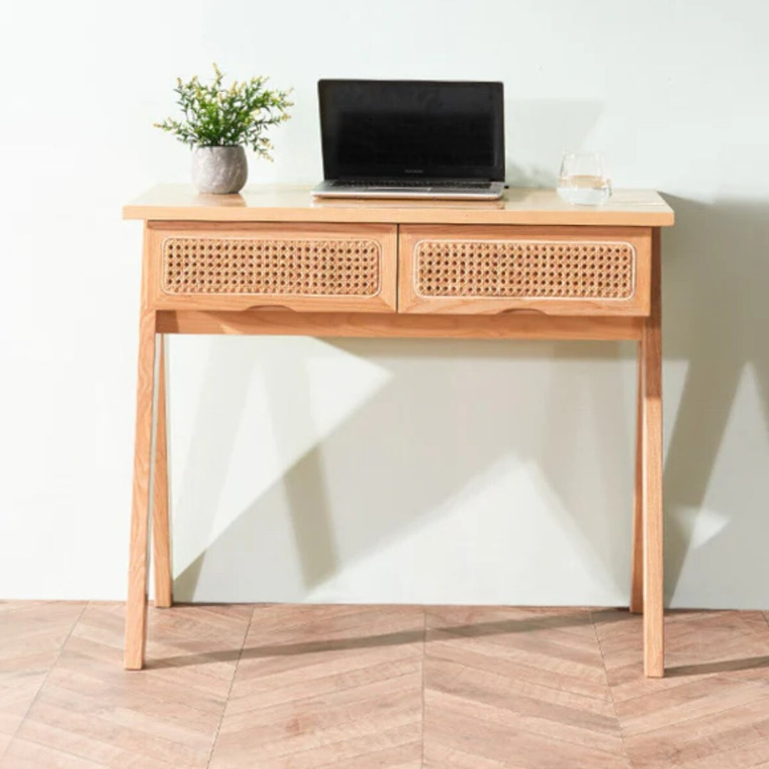 Enric Solid Ash Wood & Rattan Study Table – Nismaaya Decor