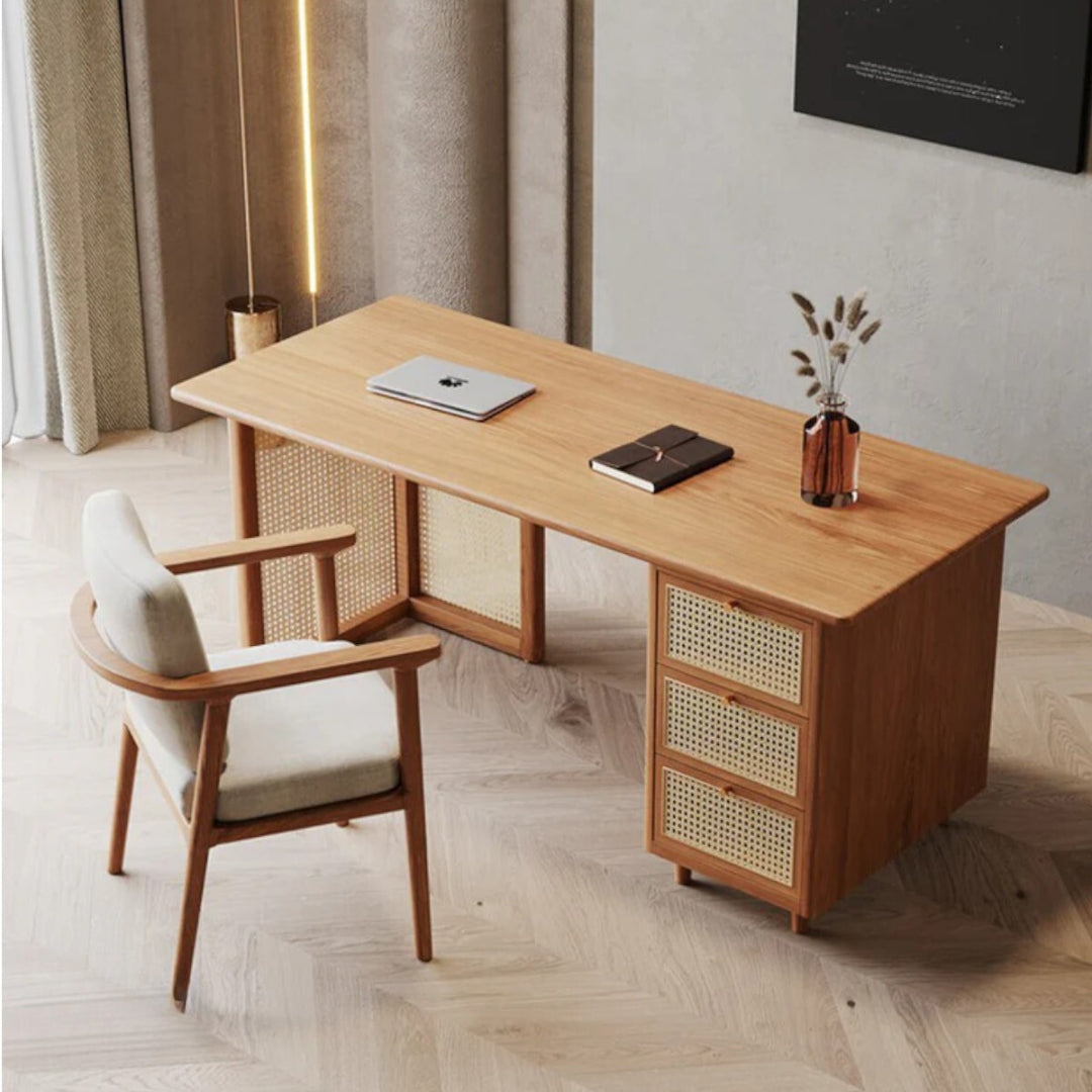 Ervin Solid Ash Wood & Rattan Office Desk – Nismaaya Decor