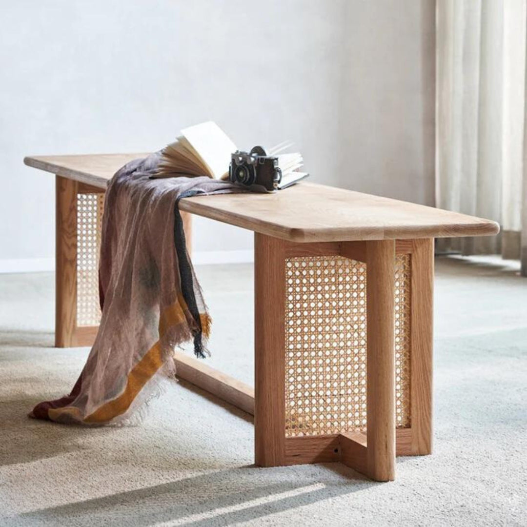 Shop Esin Solid Ash Wood & Rattan Banch In Natural Oiled Finish ...