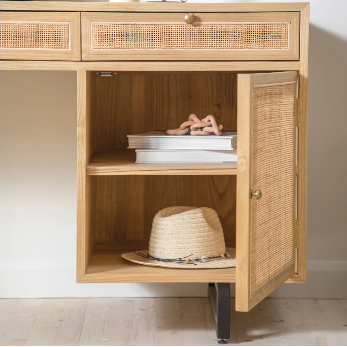 Armin Teak Wood & Rattan, Iron Study Table – Nismaaya Decor