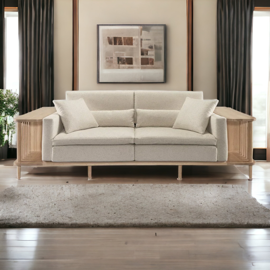 Batzorig Oak Wood & Velvet 2 Seater Scaffold Sofa White – Nismaaya Decor