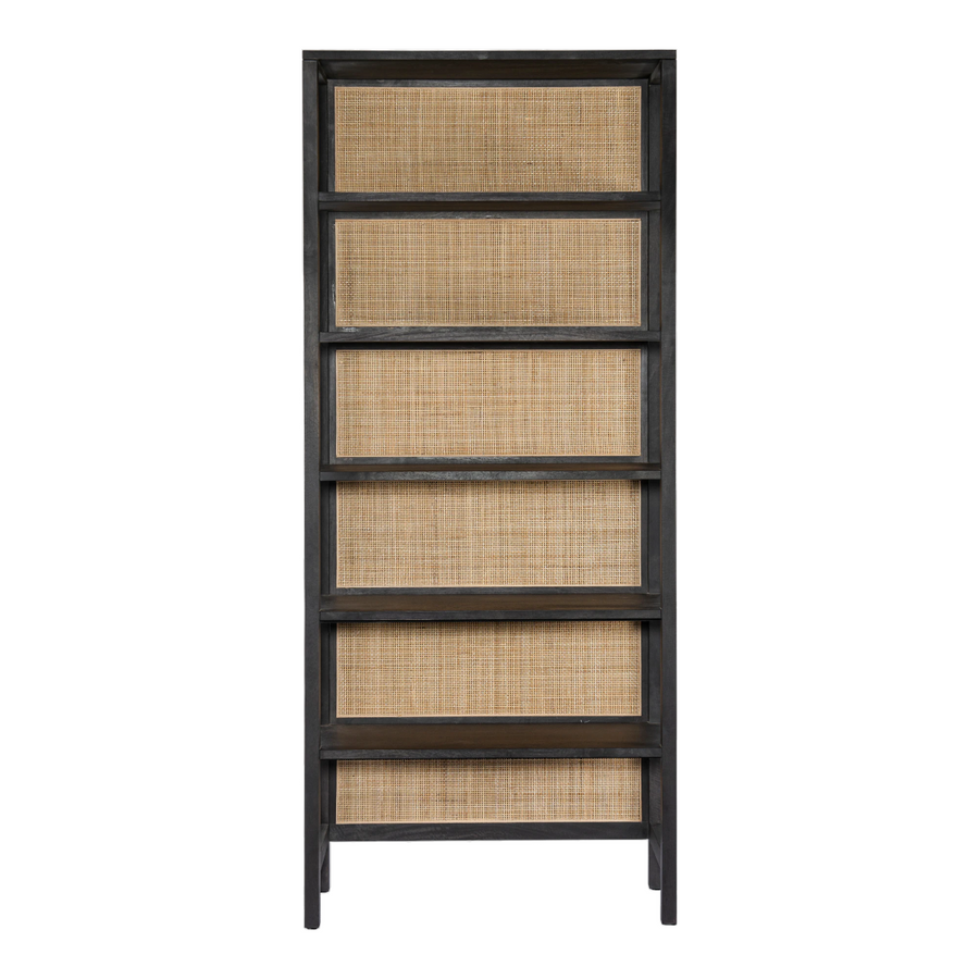 Jeff Rattan Bookshelf Black Mango Wood & Rattan – Nismaaya Decor